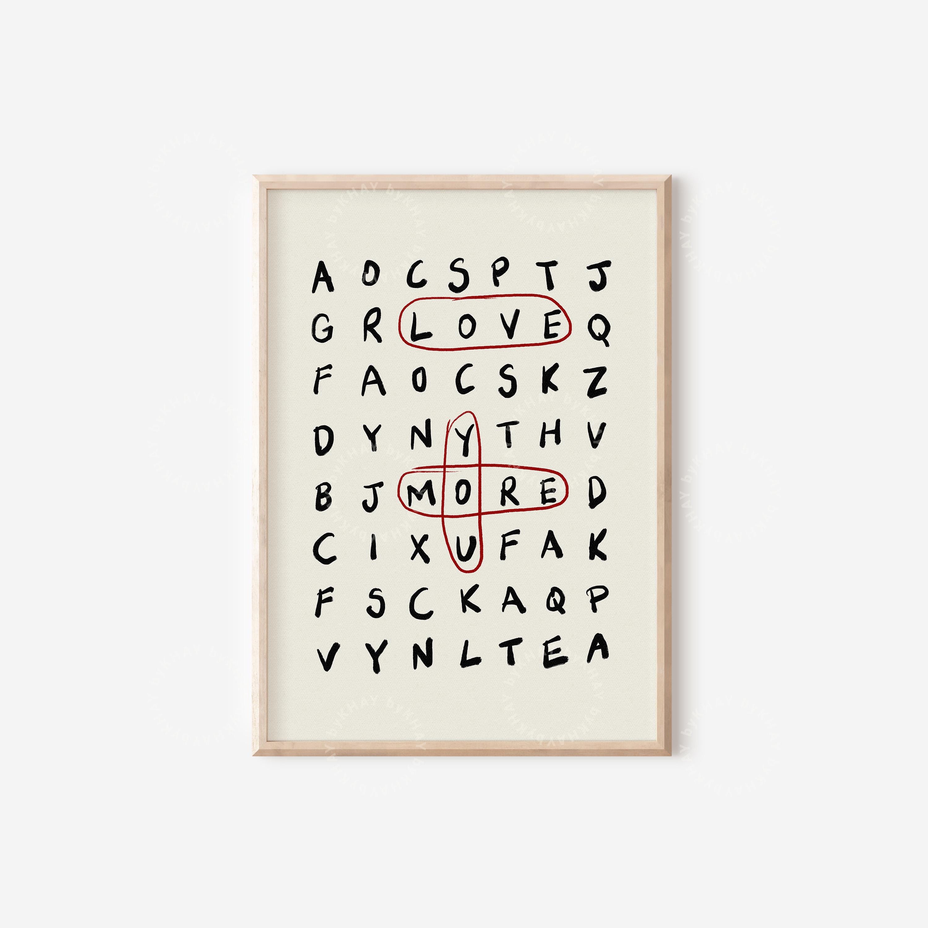 Love You More Print, Crossword Valentine Anniversary Gift, Trendy ...