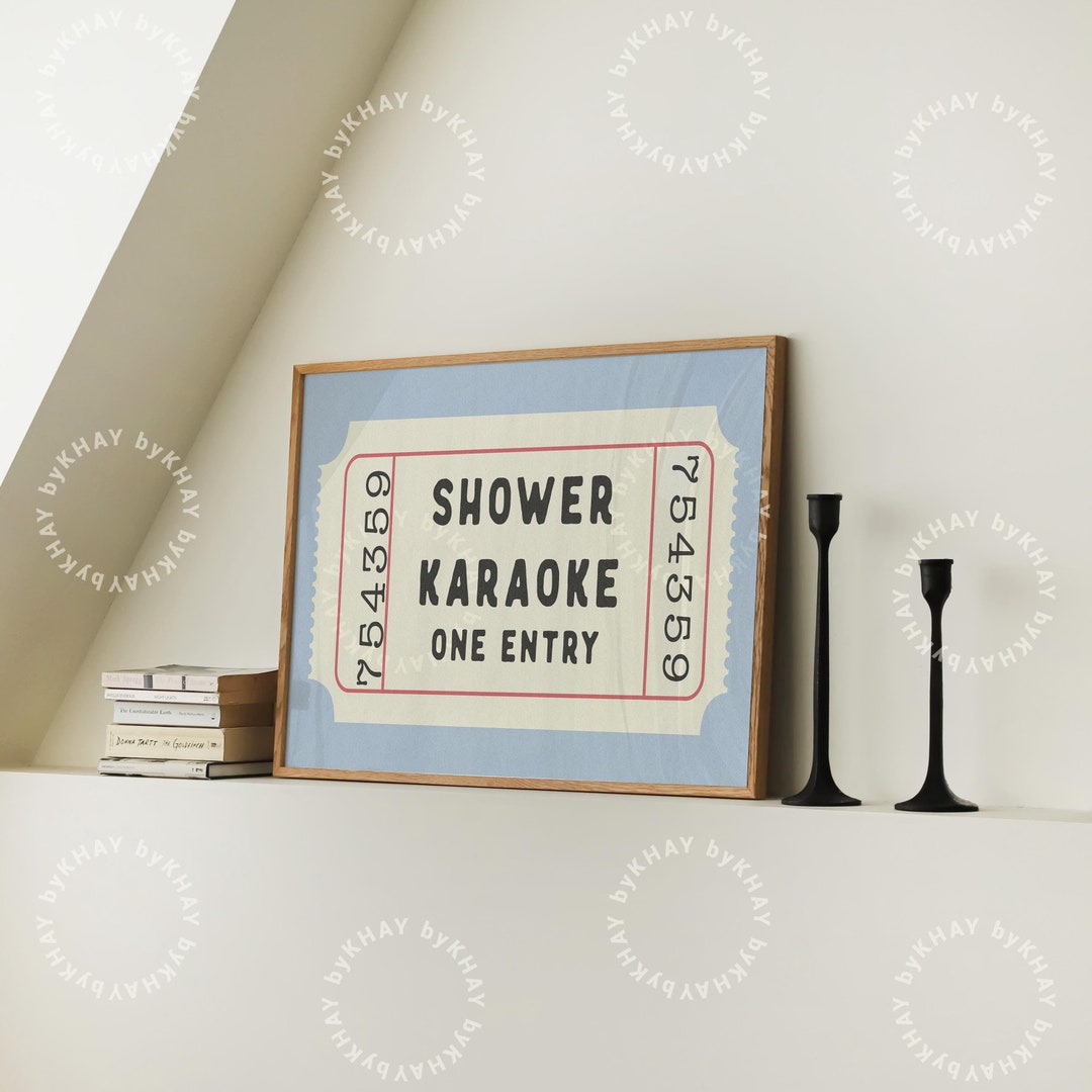 Shower Karaoke Ticket Horizontal Print Blue Bathroom Retro Cream ...