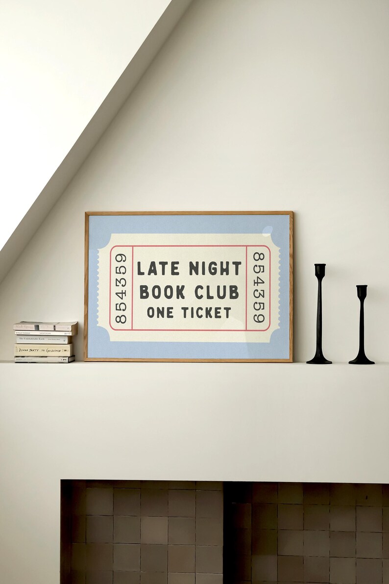 Late Night Book Club Ticket Horizontal Print Blue Bedroom Retro ...