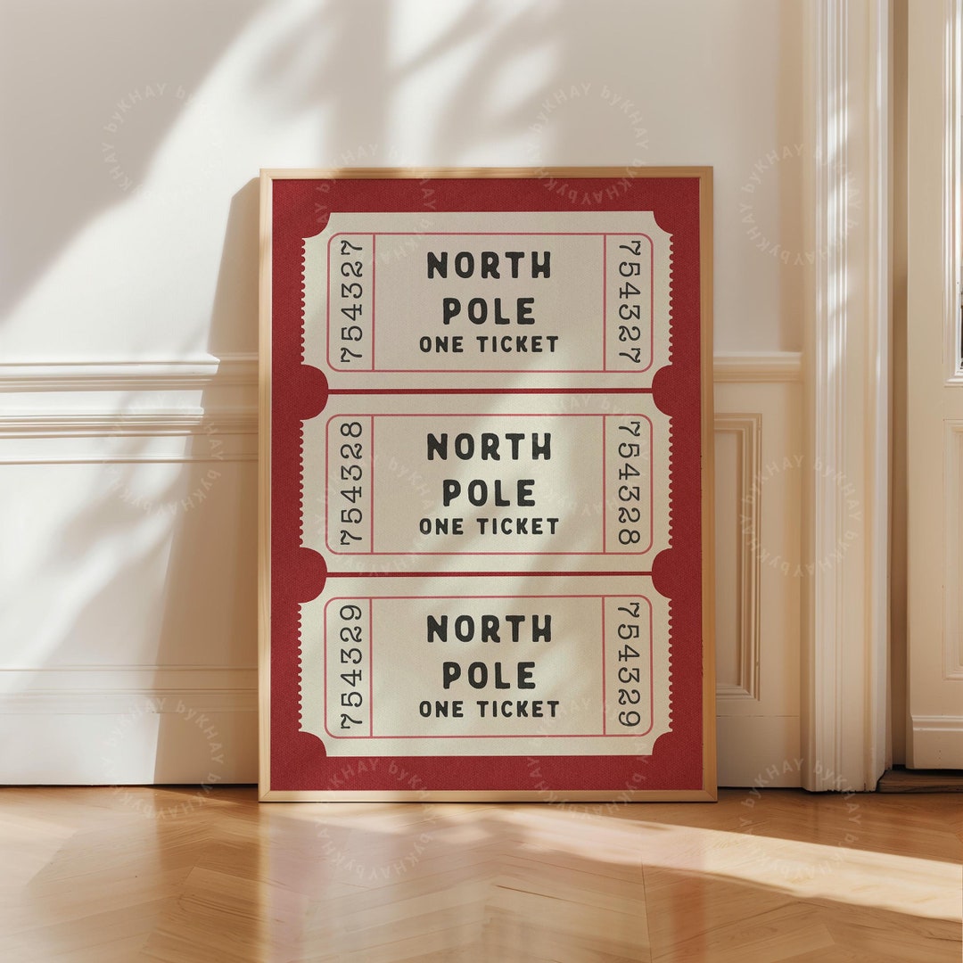 FRAMED North Pole Ticket Print, Red Cream Festive Decor, Christmas ...