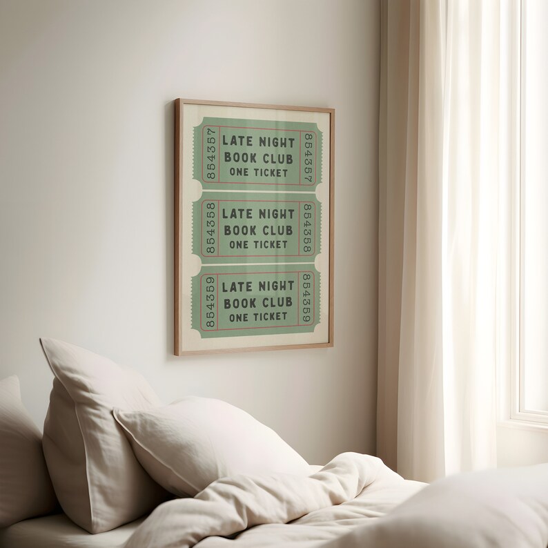 Late Night Book Club Ticket Print Sage Green Bedroom Retro Aesthetic ...