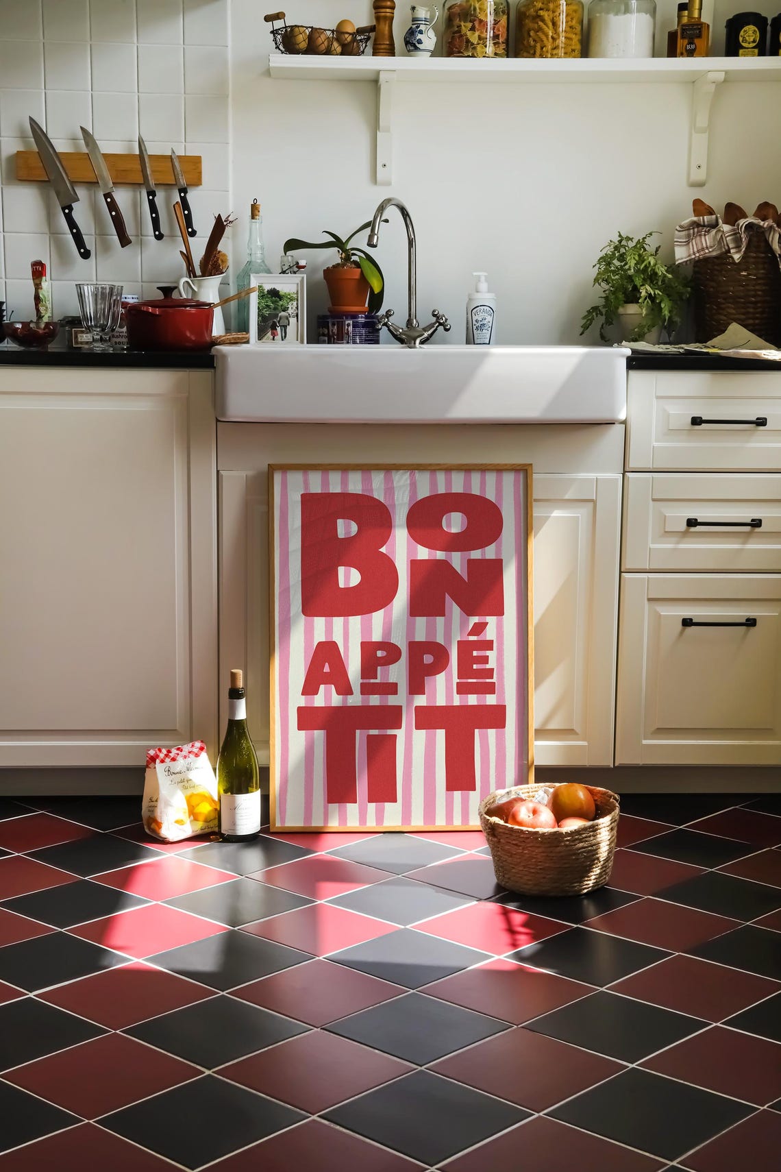 Bon Appetit Print Kitchen Wall Art Pink Red Stripe Trendy French Quote ...