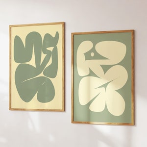Abstract Set of 2 Art Print Green Butter Yellow Trendy Wall Art Mid ...