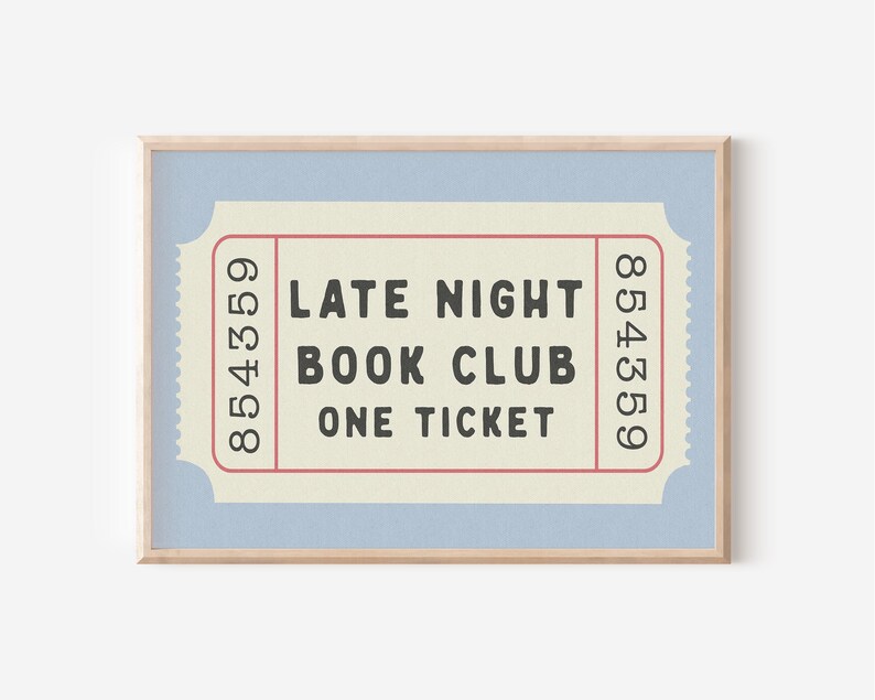 Late Night Book Club Ticket Horizontal Print Blue Bedroom Retro ...