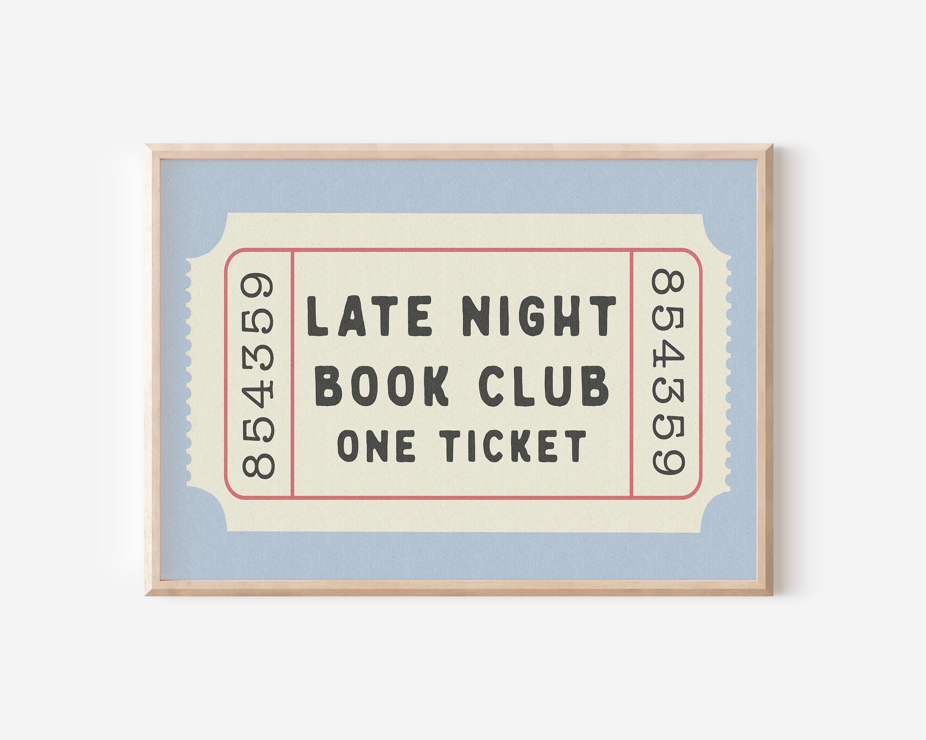 Late Night Book Club Ticket Horizontal Print Blue Bedroom Retro ...