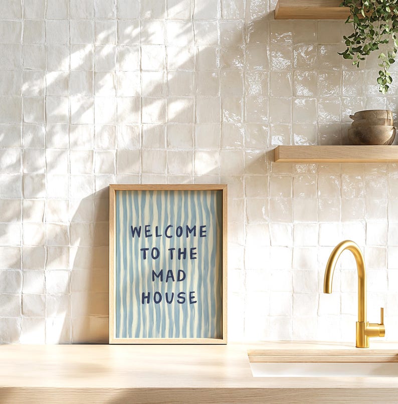 Welcome to the Mad House Print, Blue Stripe, Trendy Aesthetic Hallway ...
