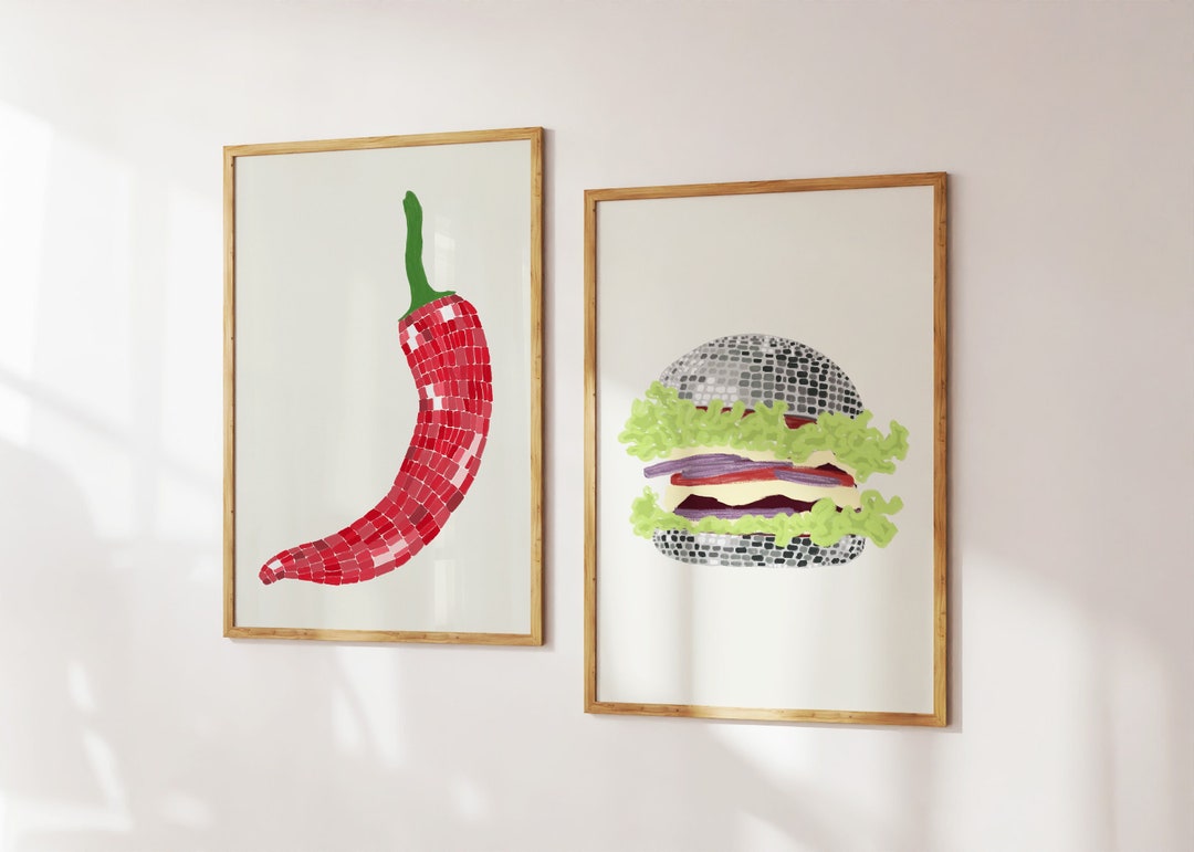 Chilli Print Disco Burger Set of 2 Kitchen Posters Trendy Retro Wall ...