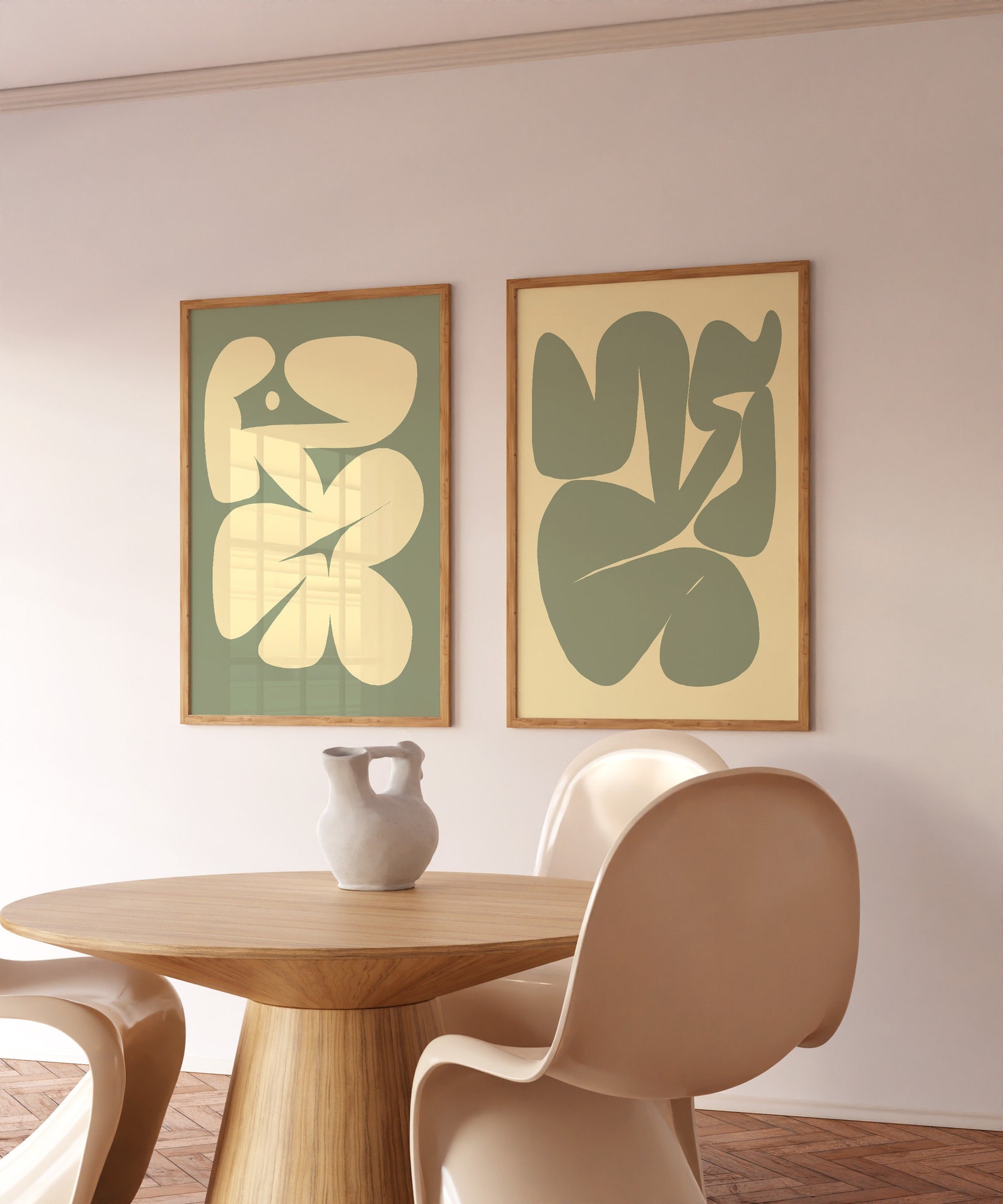 Abstract Set of 2 Art Print Green Butter Yellow Trendy Wall Art Mid ...