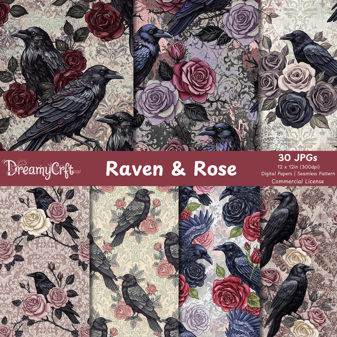 Gothic Raven Rose Seamless Pattern, Vintage Crow Dark Romance Digital ...