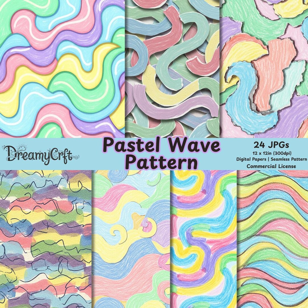 Pastel Crayon Seamless Pattern, Hand Drawn Wavy Swirls, Rainbow ...