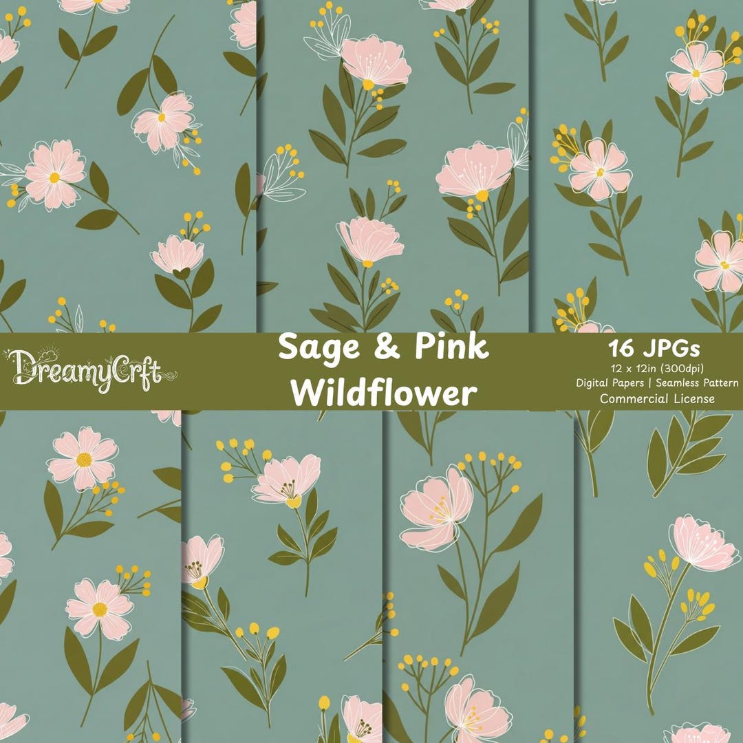 Boho Floral Seamless Pattern, Sage Green Digital Paper, Pink Wildflower ...