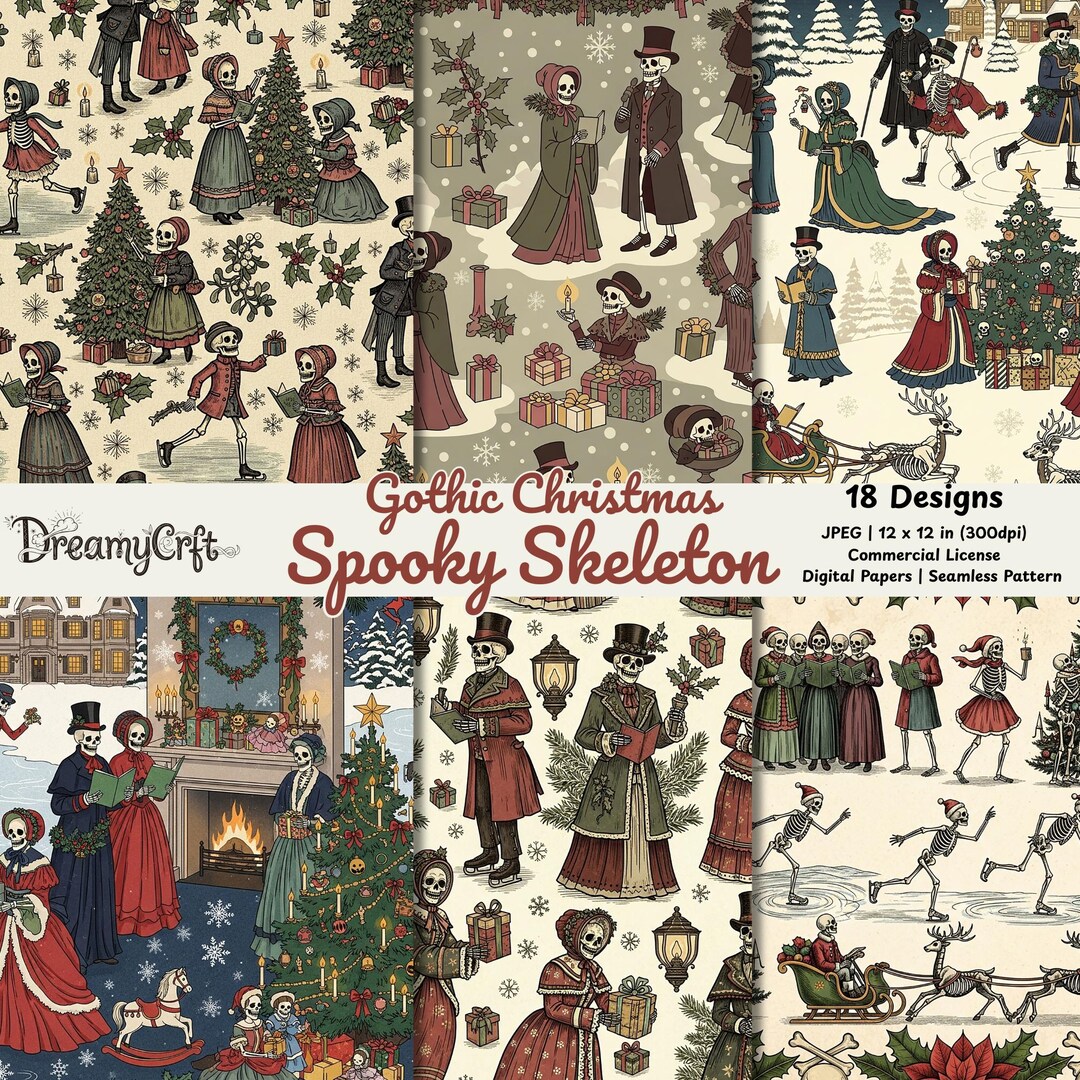 Gothic Christmas Seamless Pattern, Spooky Victorian Skeleton, Macabre ...