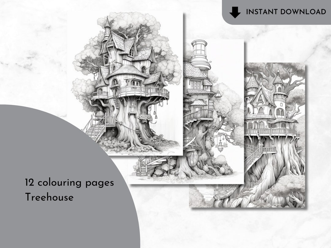 Printable Treehouse Coloring Pages - Adults Kids Coloring Book, Instant ...