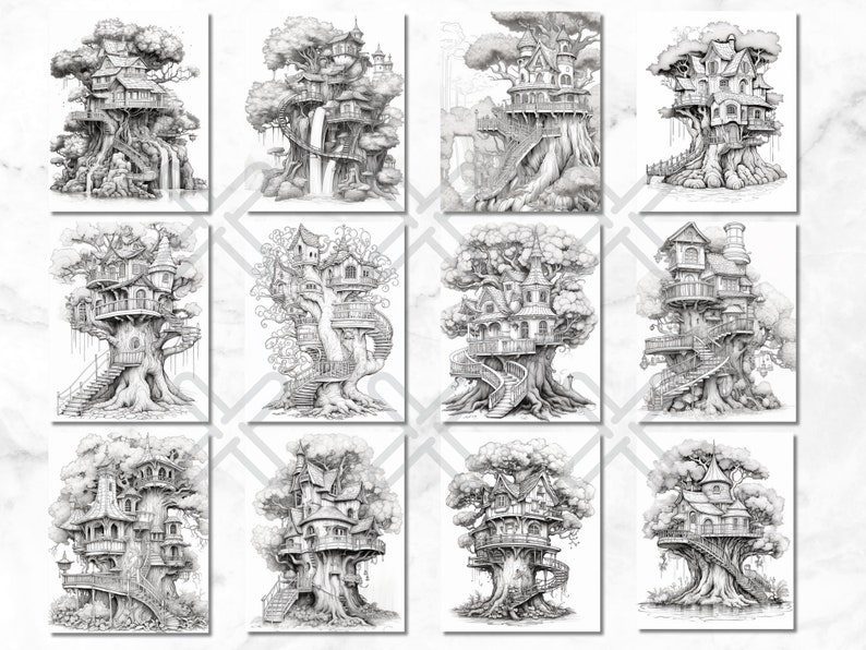 Printable Treehouse Coloring Pages - Adults Kids Coloring Book, Instant ...