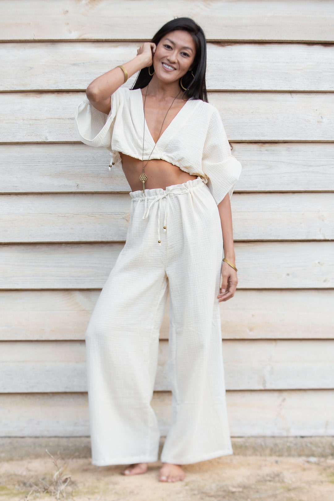 Ecru Palazzo Pants/ Organic Cotton Pants/ Wide Leg Cotton Pants/ Cotton ...