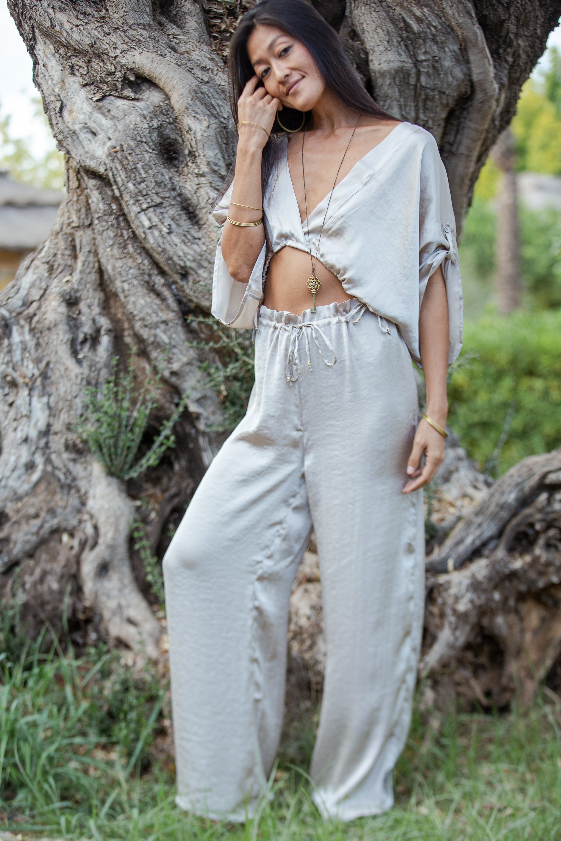 Taupe Palazzo Pants/ Champagne Satin Palazzo Pants/ Wide Leg Pants ...