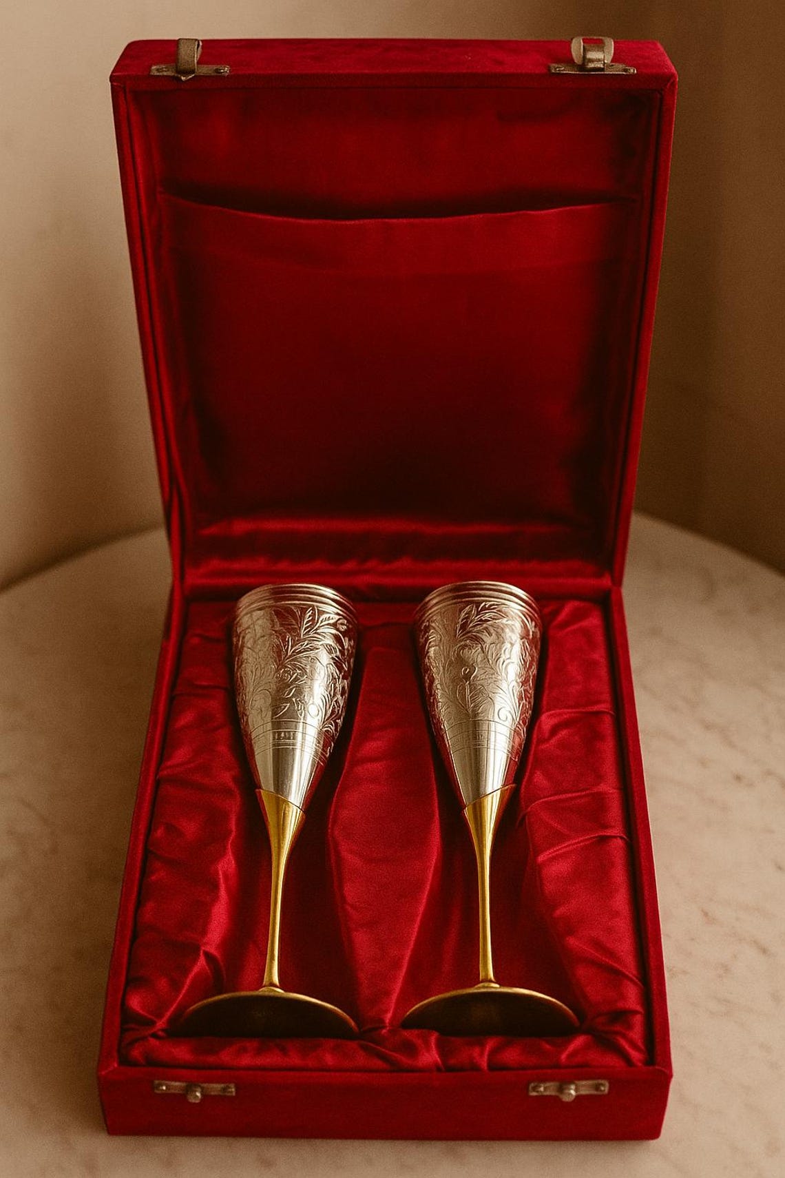 Personalized Silver & Gold Champagne Goblets, Engraved Floral Flutes ...