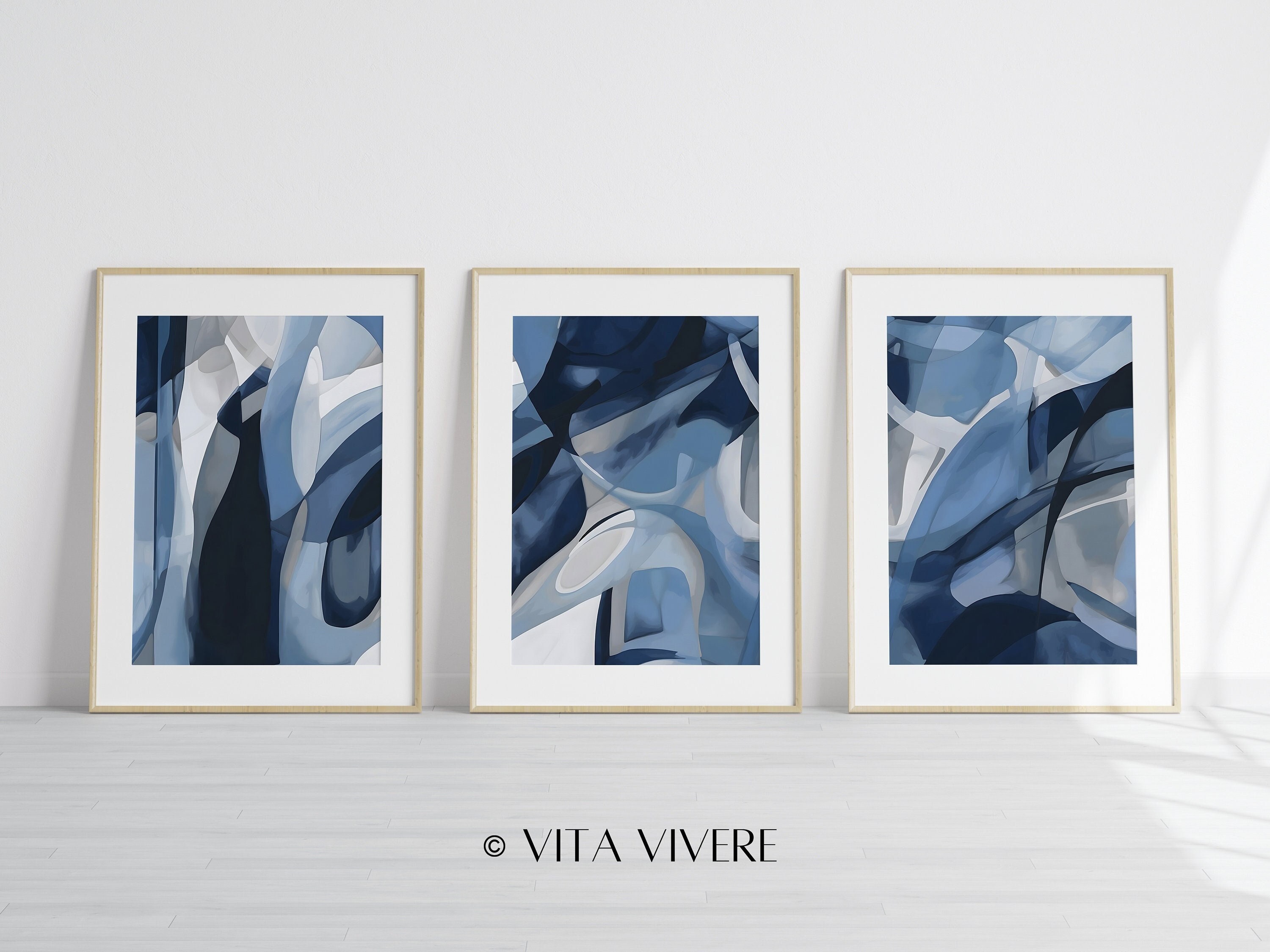 Navy Blue Prints 3 Piece Art Set Navy Blue Wall Art Blue White Wall Art ...