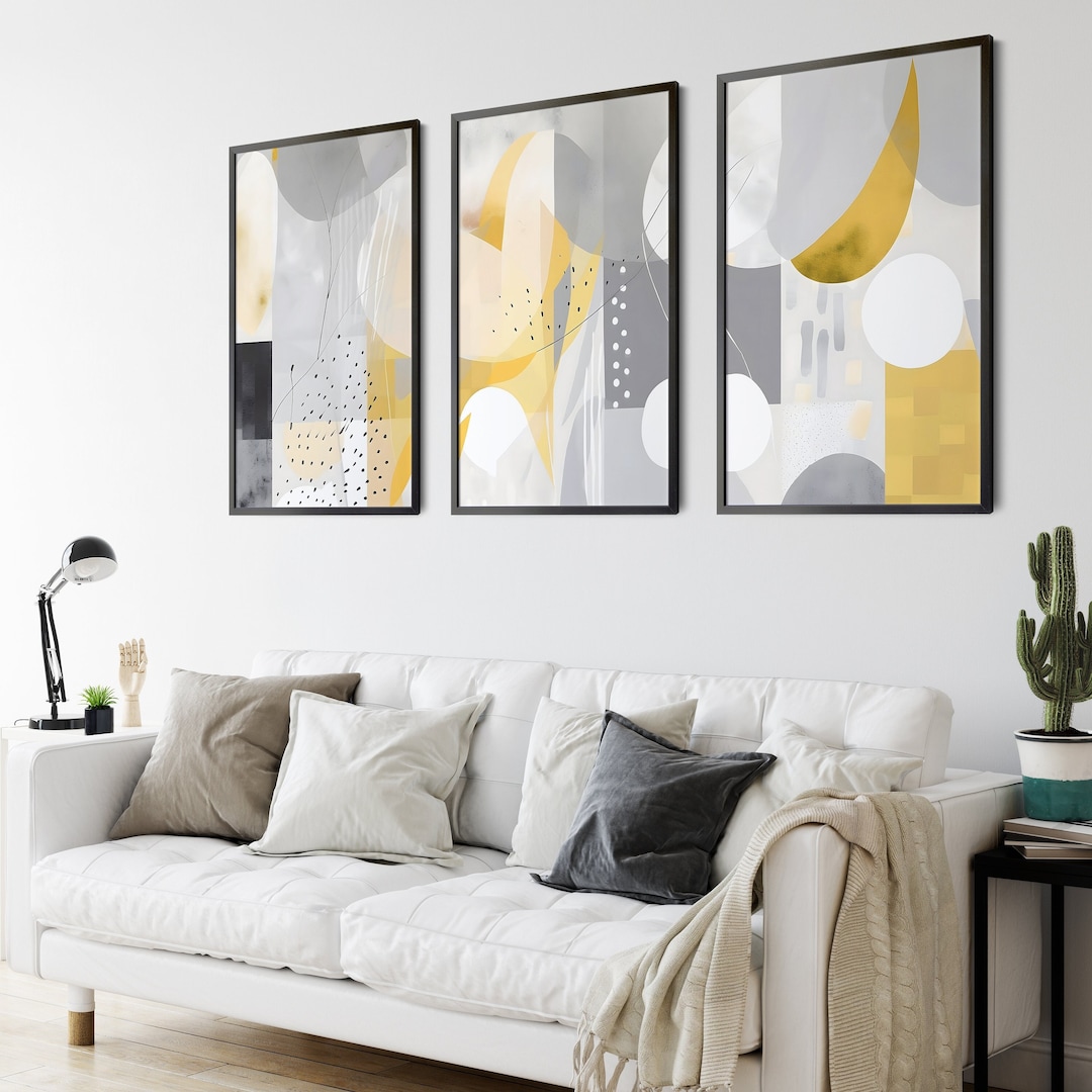 Mustard Yellow Set of 3 Wall Arts Ochre and Grey Art Soft Yellow Print ...