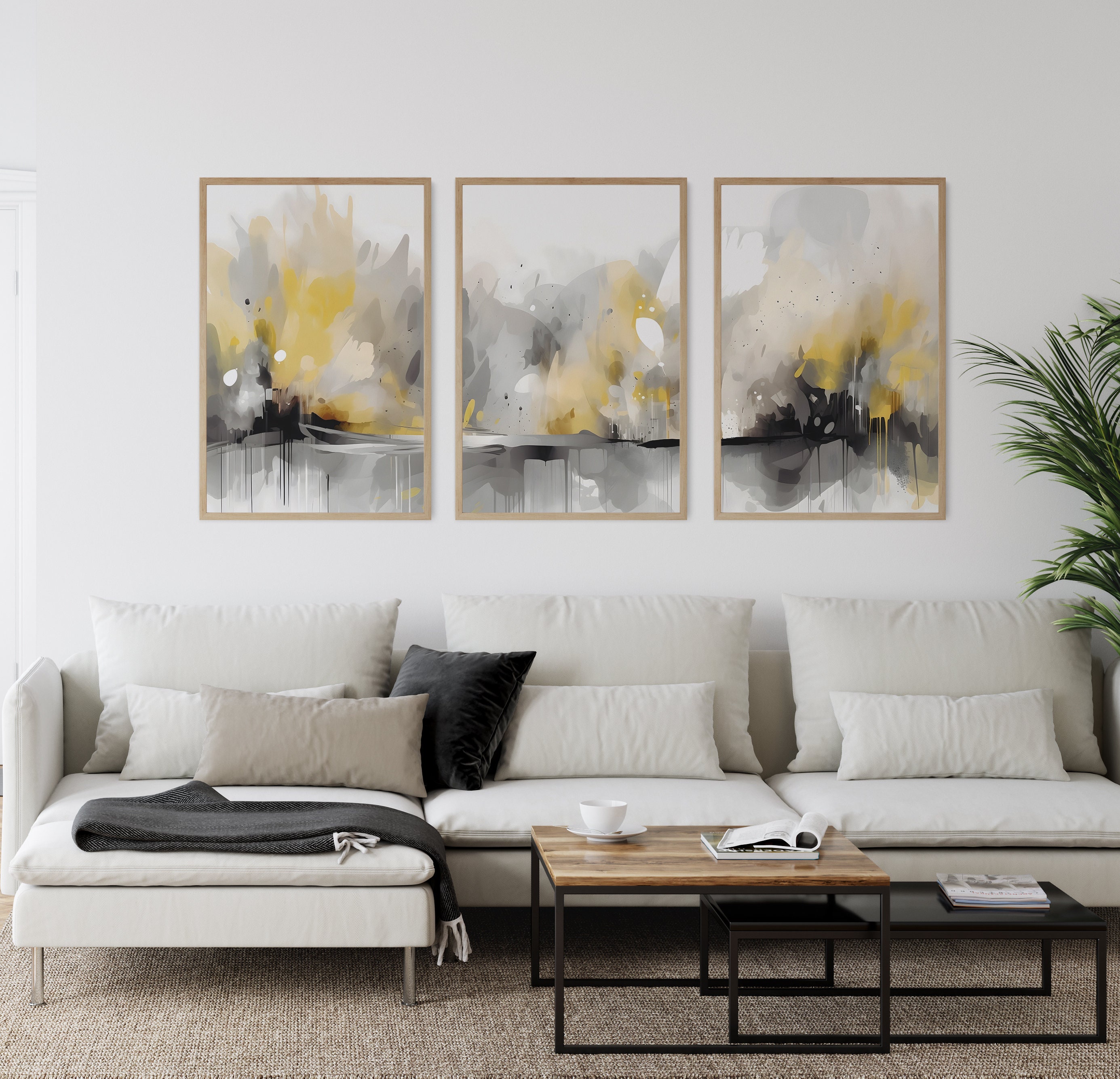 Yellow Grey Abstract Wall Art 3 Piece Art Set of 3 Soft Yellow Decor ...