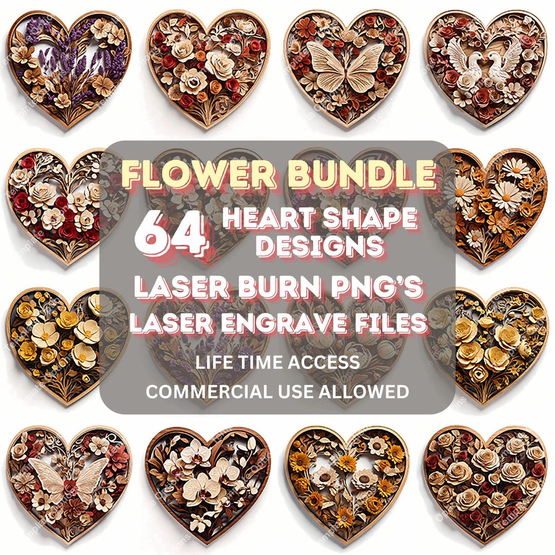 3D Illusion Flowers Bundle 64 Heart Shape, Laser Burn PNG, Laser ...
