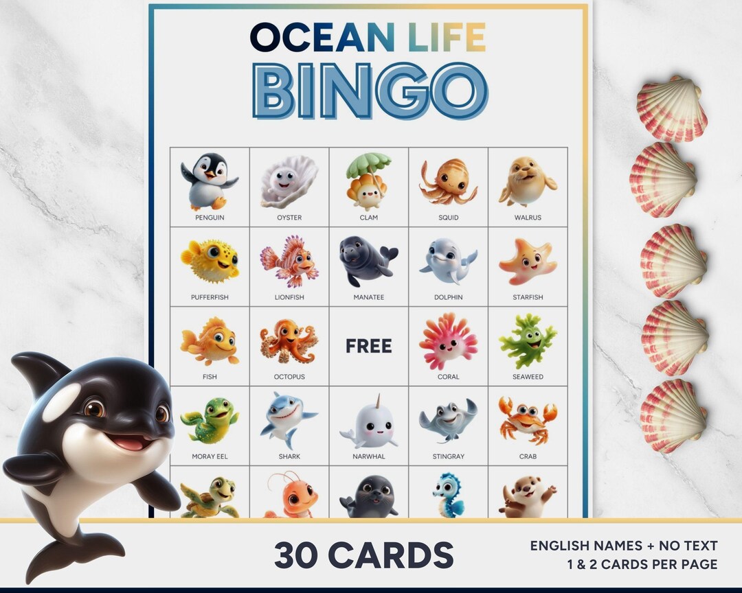 Ocean Life Bingo Game Printable 30 Cards | Kids Party Activity Ages 4 ...