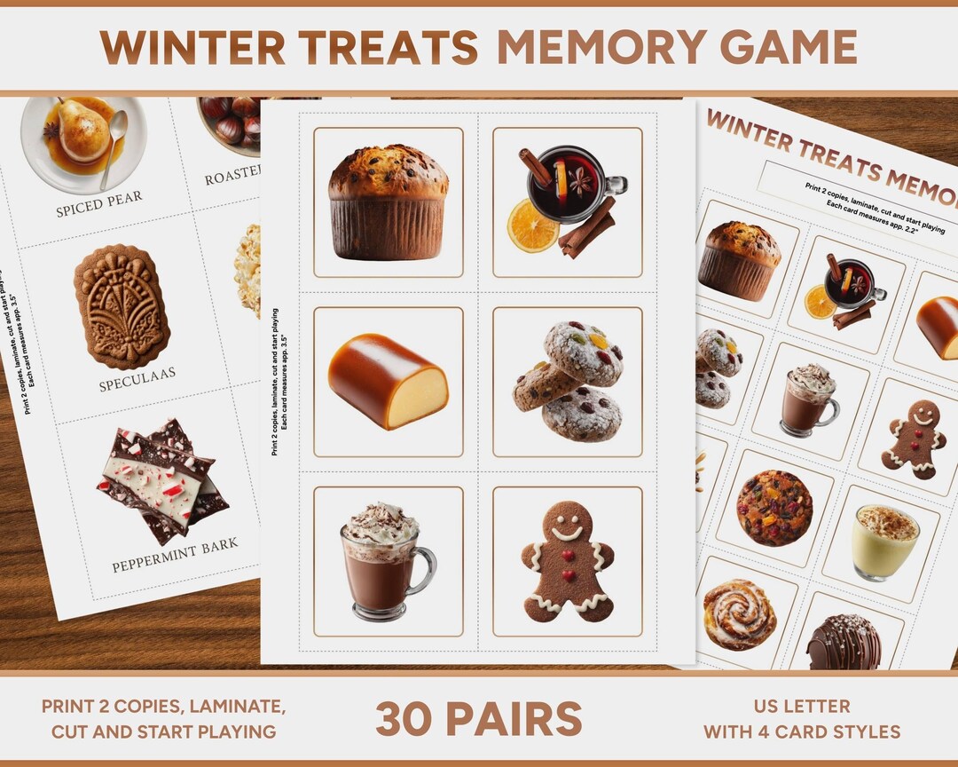Winter Treats Memory Game, Printable Cards 30 Pairs | Matching Game for ...