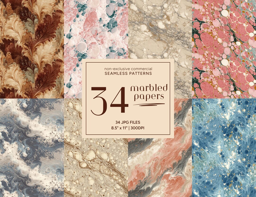 34 Seamless Marbled Papers, Vintage Endpapers, Printable Journal Pages ...