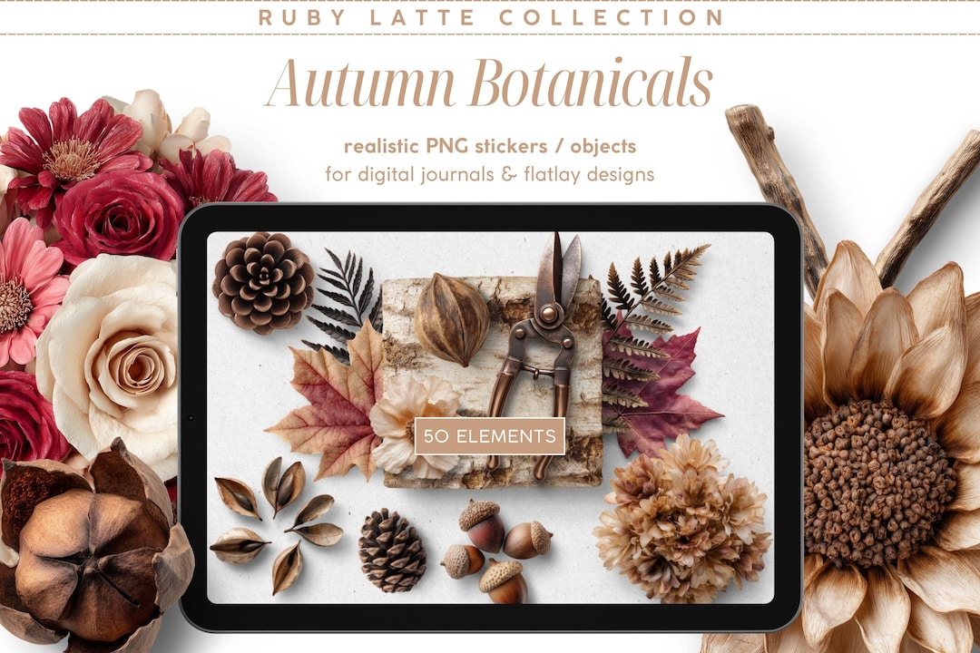 50 Ruby Latte Autumn Botanicals Digital Planner Realistic Stickers ...
