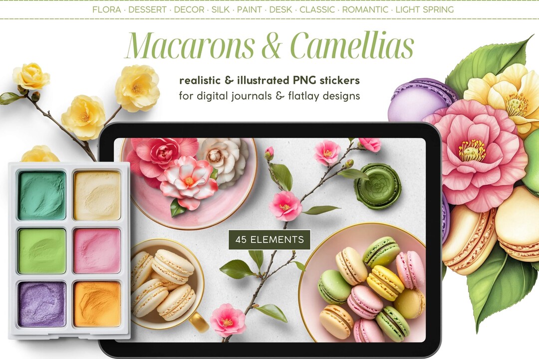 Realistic Digital Stickers, Macarons & Camellias, Scene Creator Clipart ...