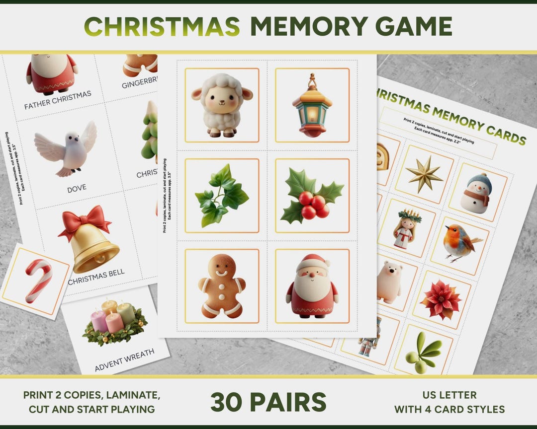 Christmas Memory Game, Printable Cards 30 Pairs | Matching Game for ...
