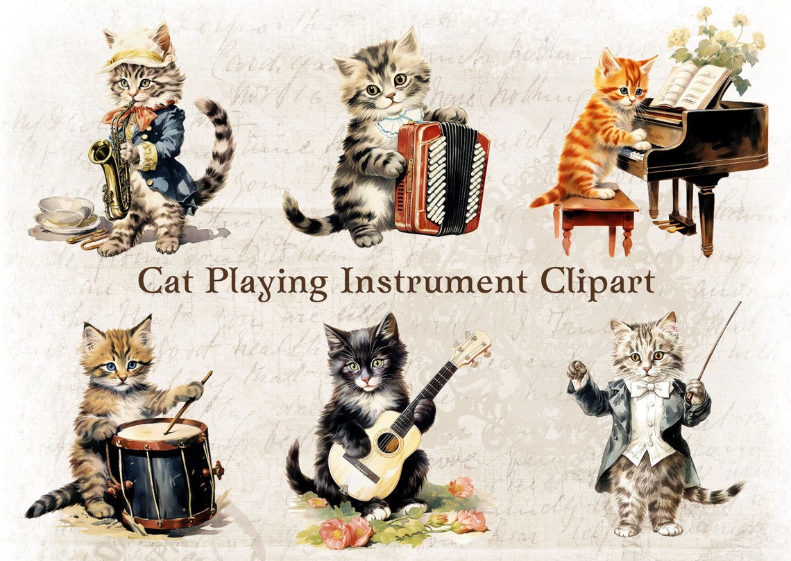 Cat Playing Music Instruments, 10 Vintage Clipart, Digital Download ...