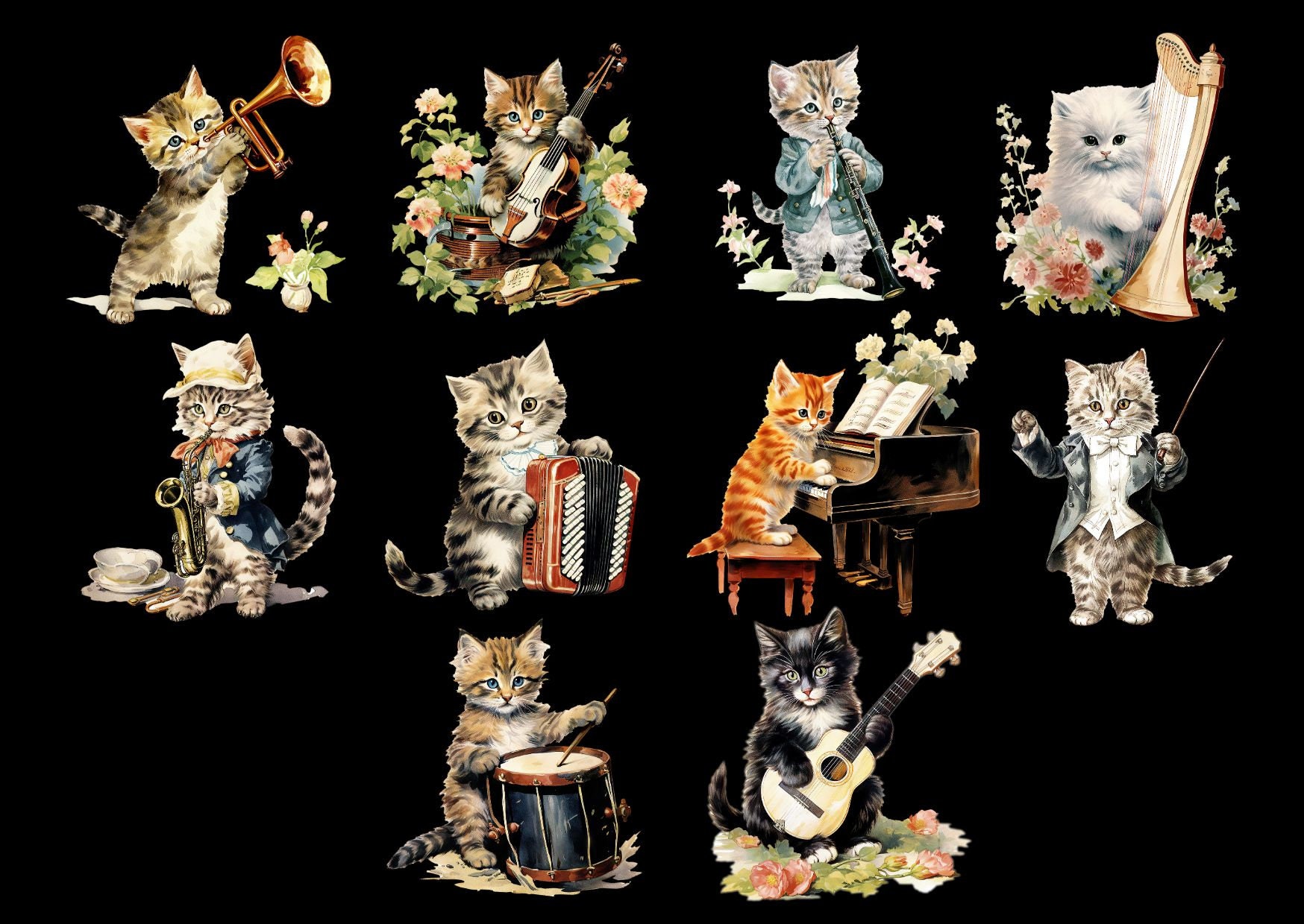 Cat Playing Music Instruments, 10 Vintage Clipart, Digital Download ...