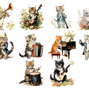 Cat Playing Music Instruments, 10 Vintage Clipart, Digital Download ...