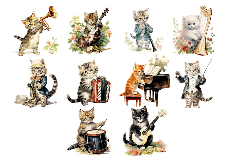 Cat Playing Music Instruments, 10 Vintage Clipart, Digital Download ...