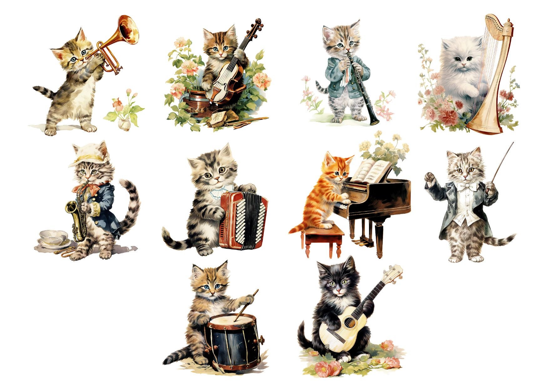 Cat Playing Music Instruments, 10 Vintage Clipart, Digital Download ...