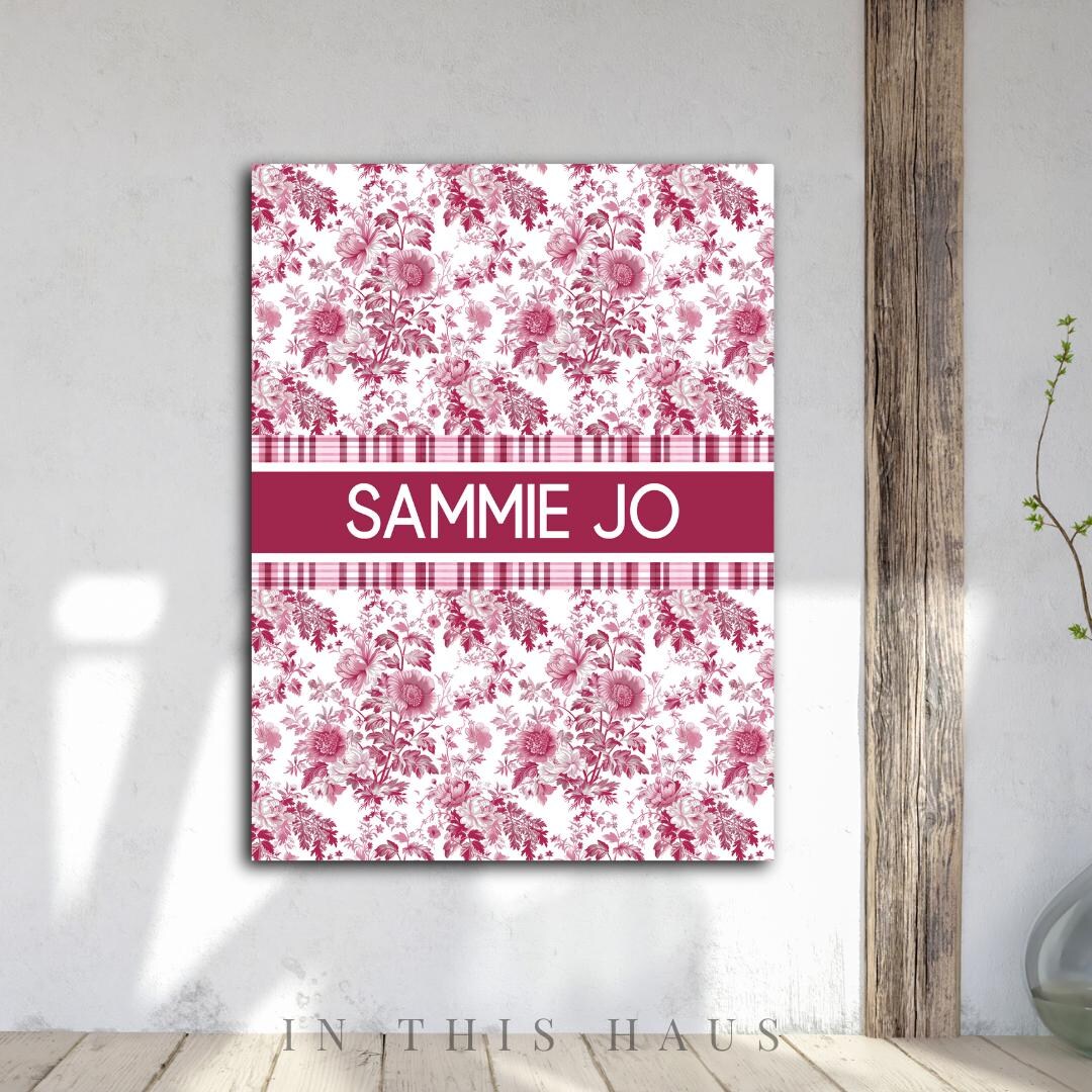 Custom Floral and Gingham Name Wall Art | Personalized Vintage Pink ...
