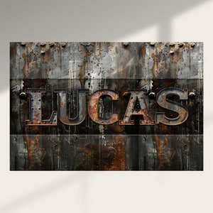 Rustic Industrial Metal Name Canvas Personalized Wall Art With Rusty ...