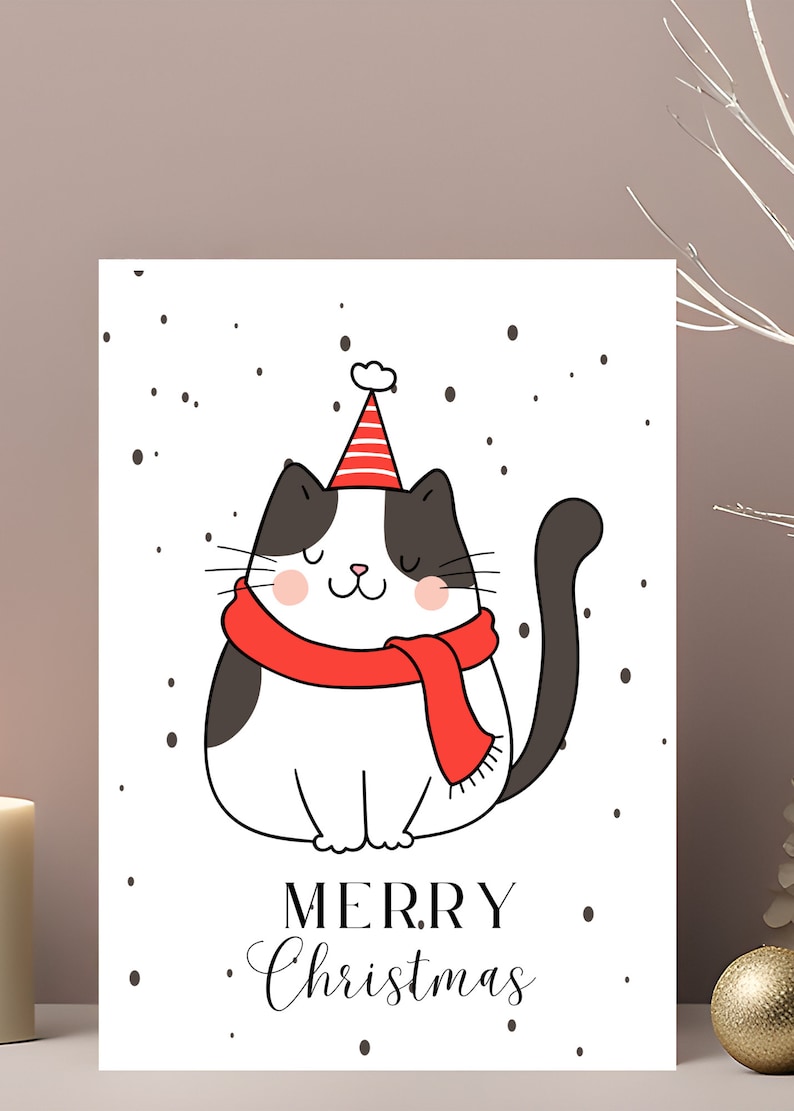 Cat Christmas Card Digital & Printable Merry Christmas Greetings Card ...