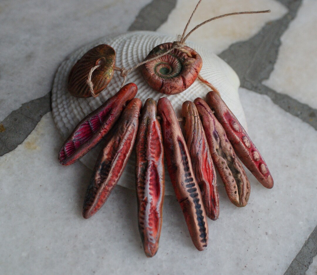 OOAK Set of 9 Porcelain Beads. Artisan Ceramic Spikes, Pods, Seashells ...