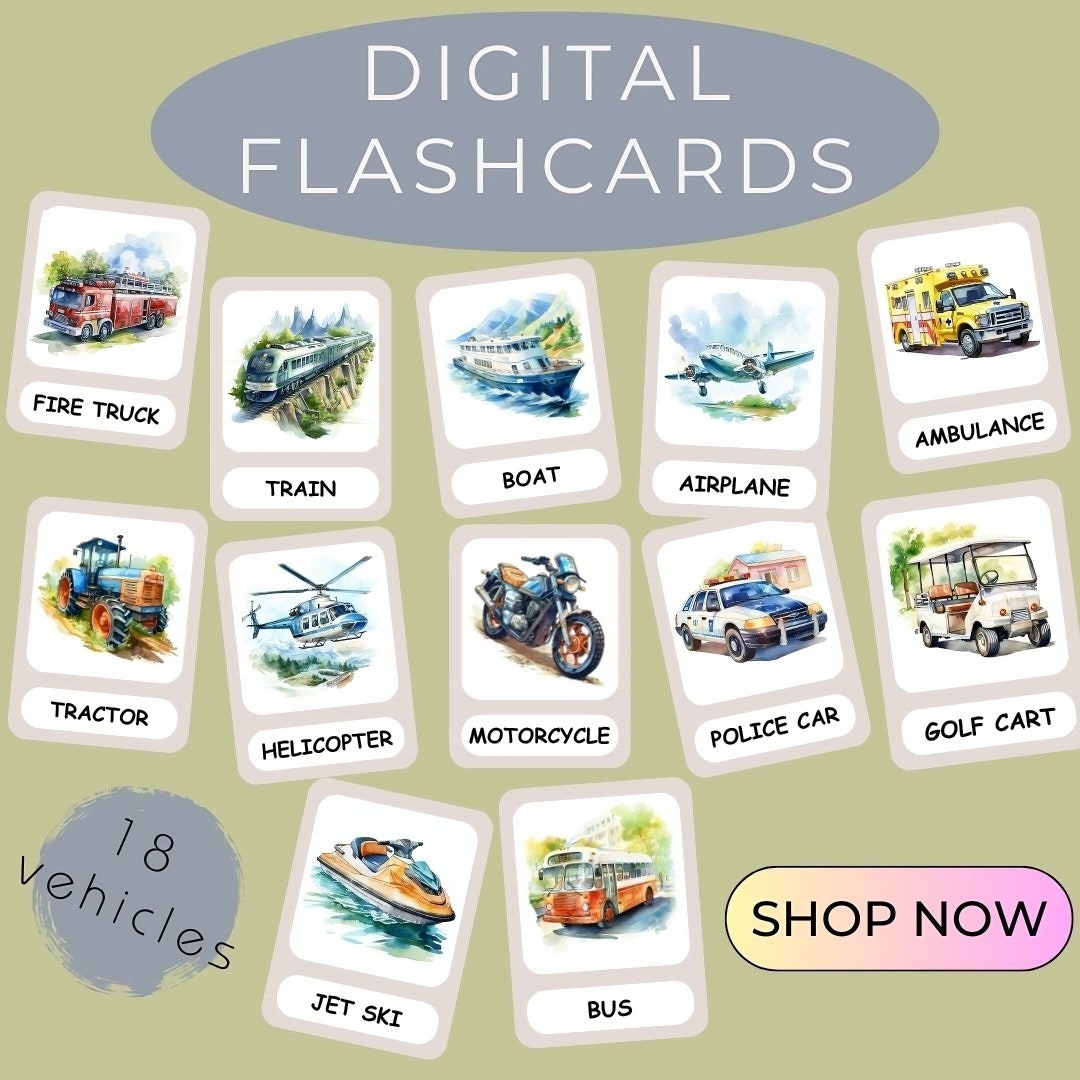 18 Vehicles Flashcards PDF Printable Illustration Cards Preschool Toys ...