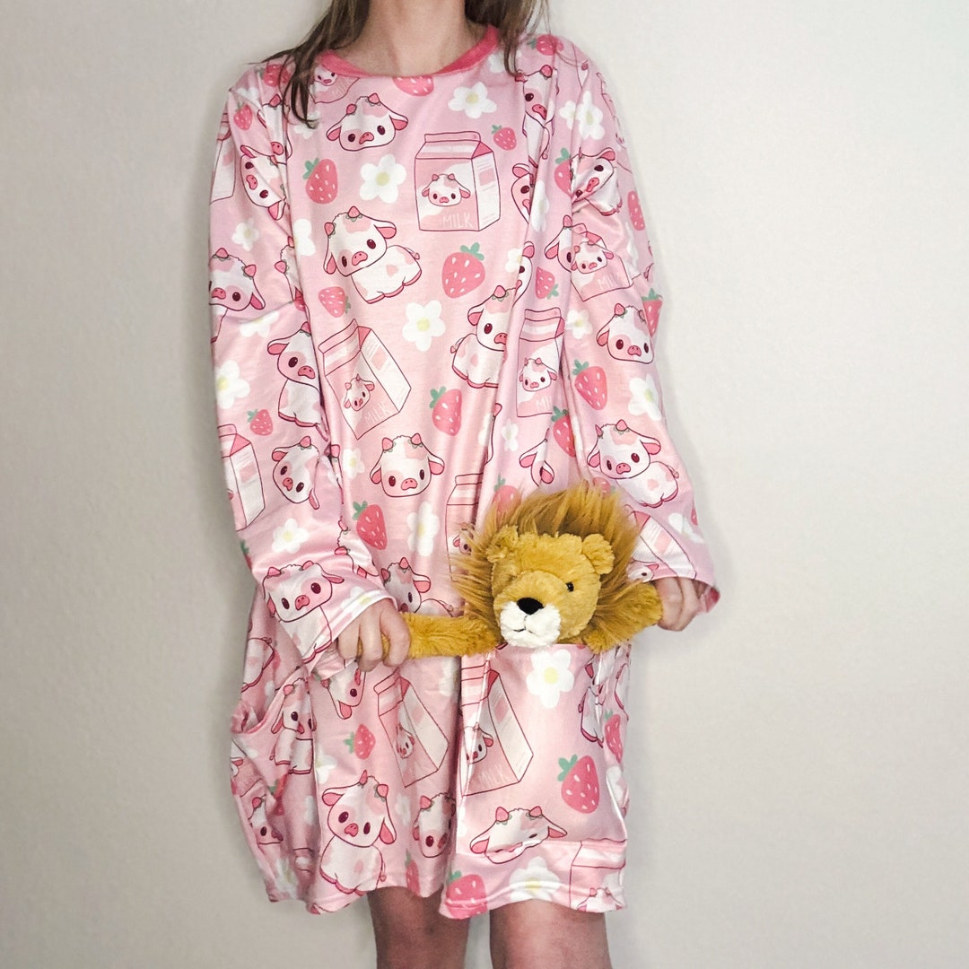 Kawaii Strawberry Cow Oversized Age Regression Dress Long Sleeve ...
