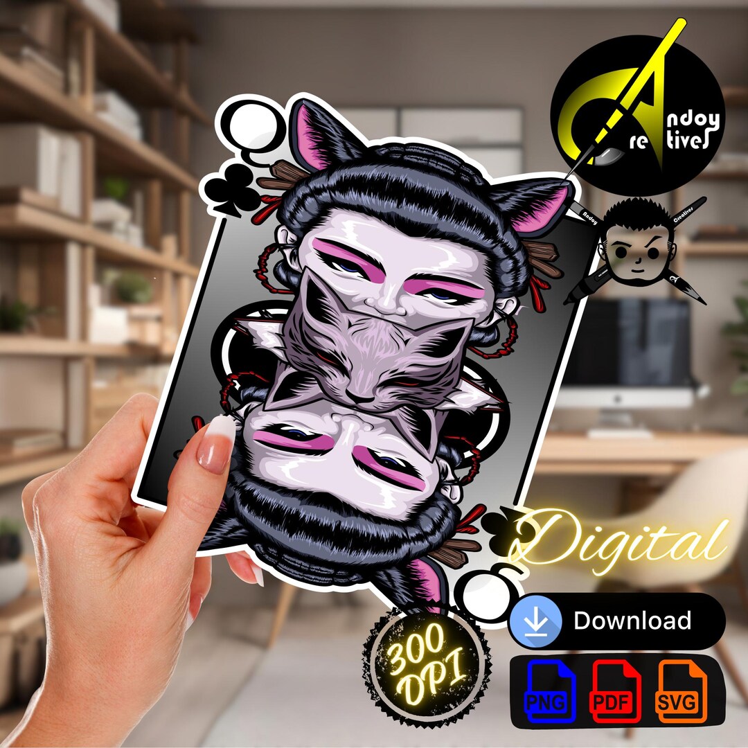 Queen of Clubs Geisha Clipart With Kitsune Mask, Japanese Art PNG SVG ...