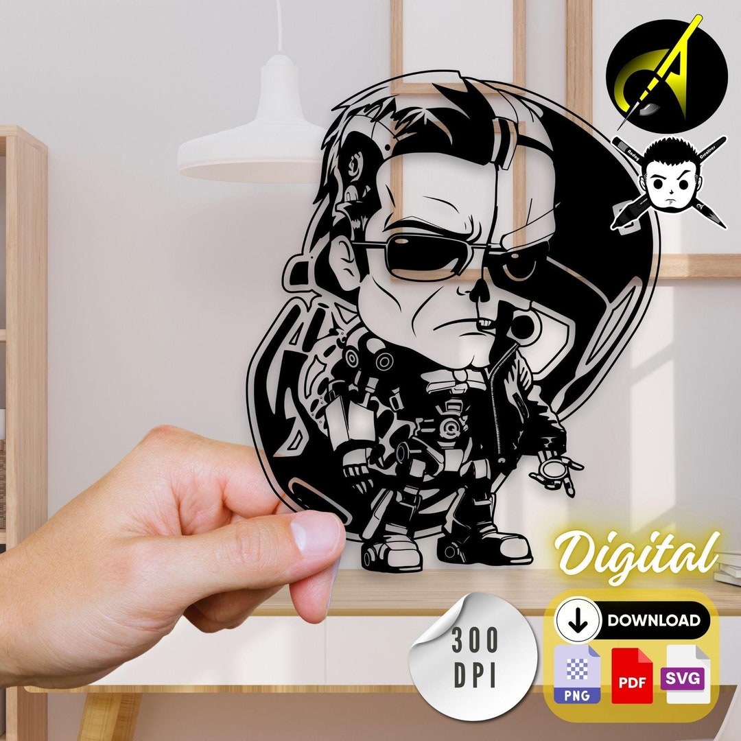 Chibi Terminator Digital Black and White Clipart Cyborg Humanoid ...