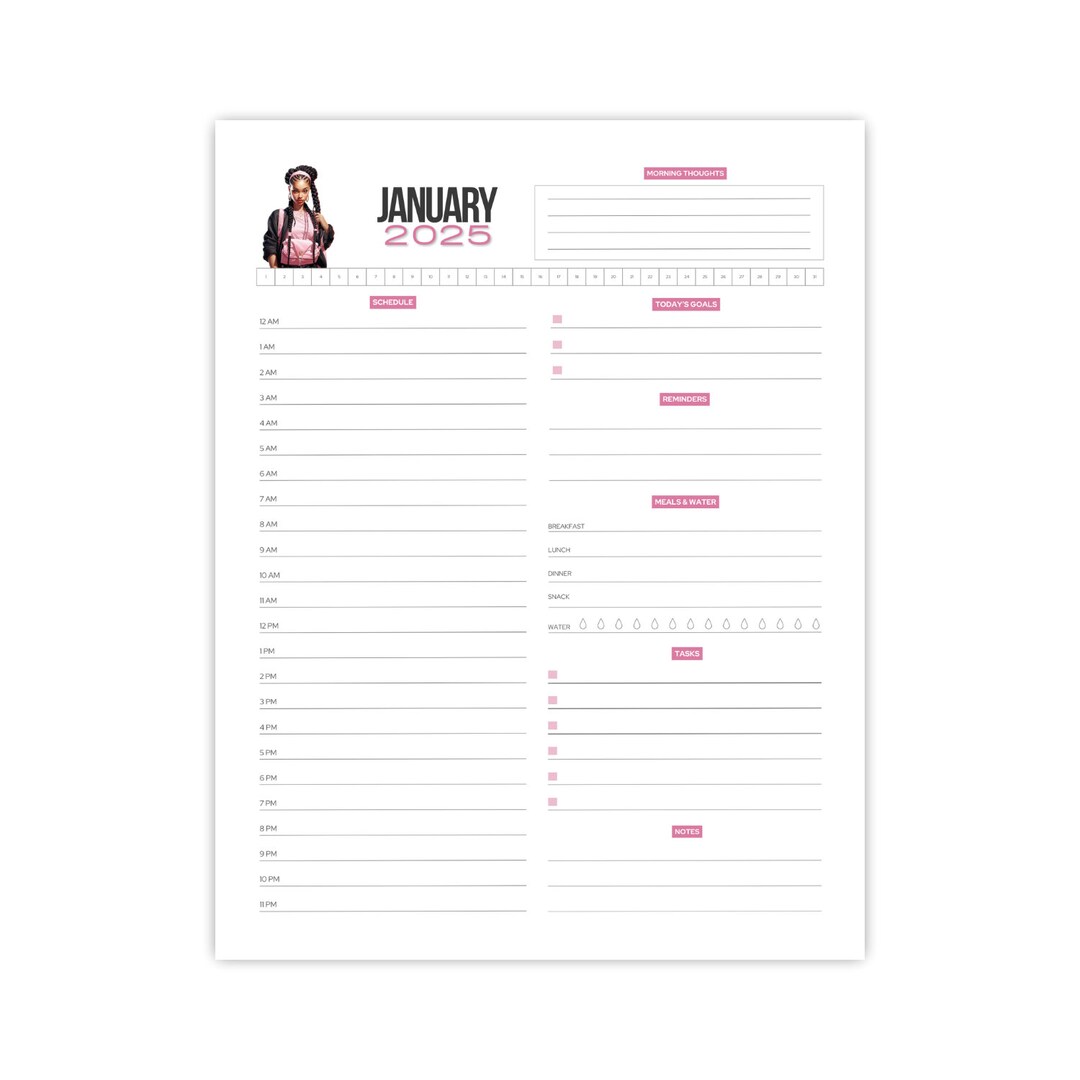 Pink Braided Girls 2025 Printable Daily Planner US Letter A4 A5 12-hour ...
