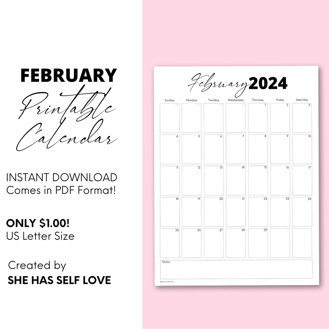 2024 Printable February Calendar February Monthly Planner US Letter ...