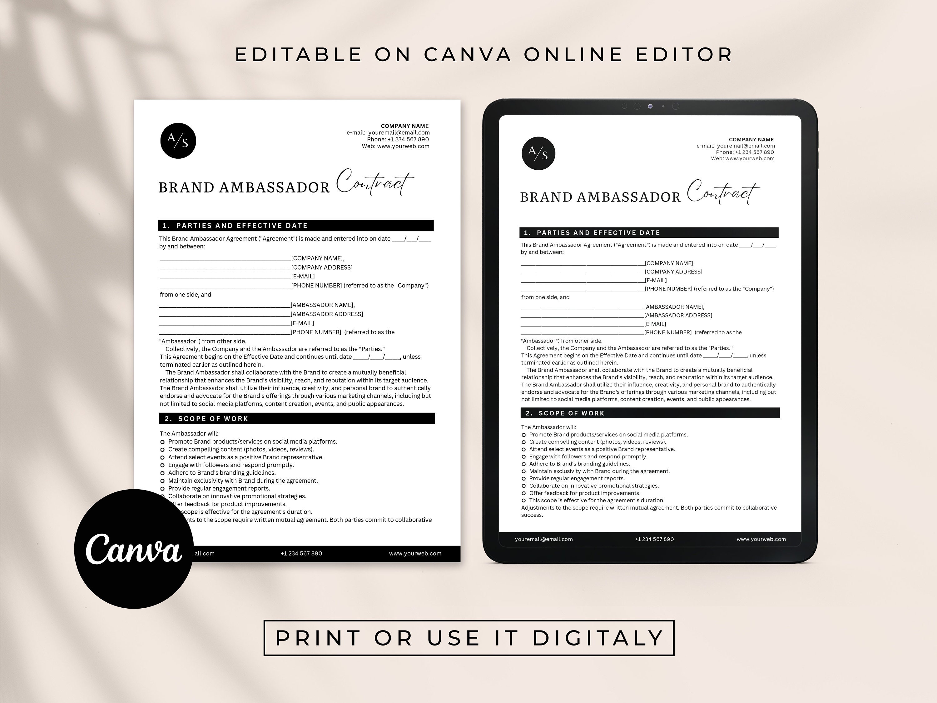 Editable Influencer Agreement Template, Brand Ambassador Contract Form ...