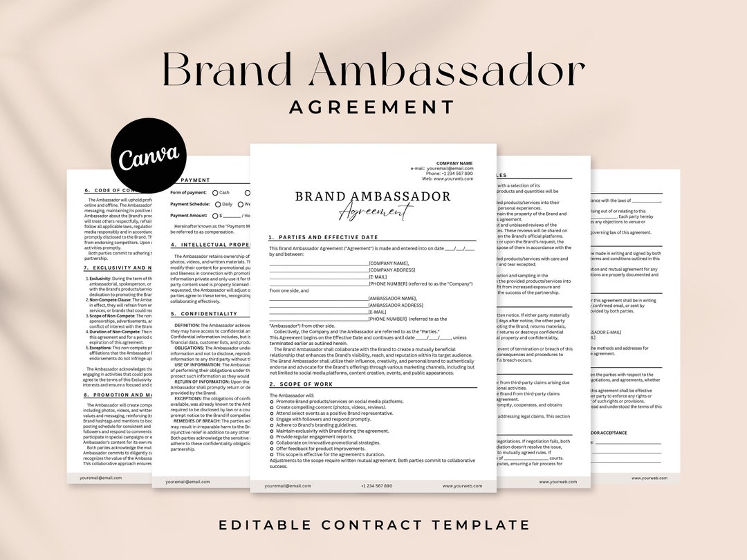 Brand Ambassador Agreement Form, Editable Influencer Contract Template ...