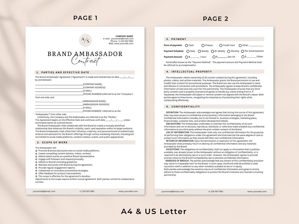 Editable Influencer Contract Template, Brand Ambassador Agreement Form ...