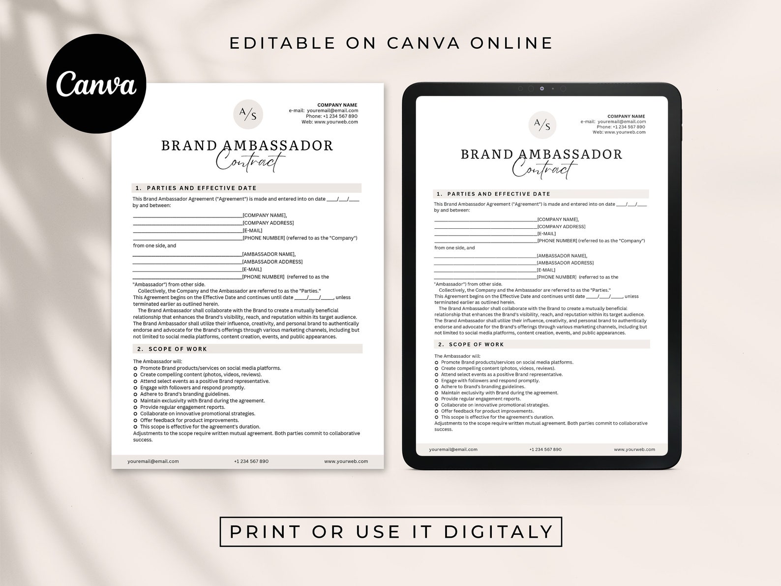Editable Influencer Contract Template, Brand Ambassador Agreement Form ...